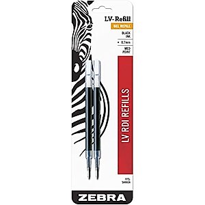 Zebra Pen LV-Refill for Gel Ink Pens, Medium Point, 0.7mm, Black Ink, 2-Pack