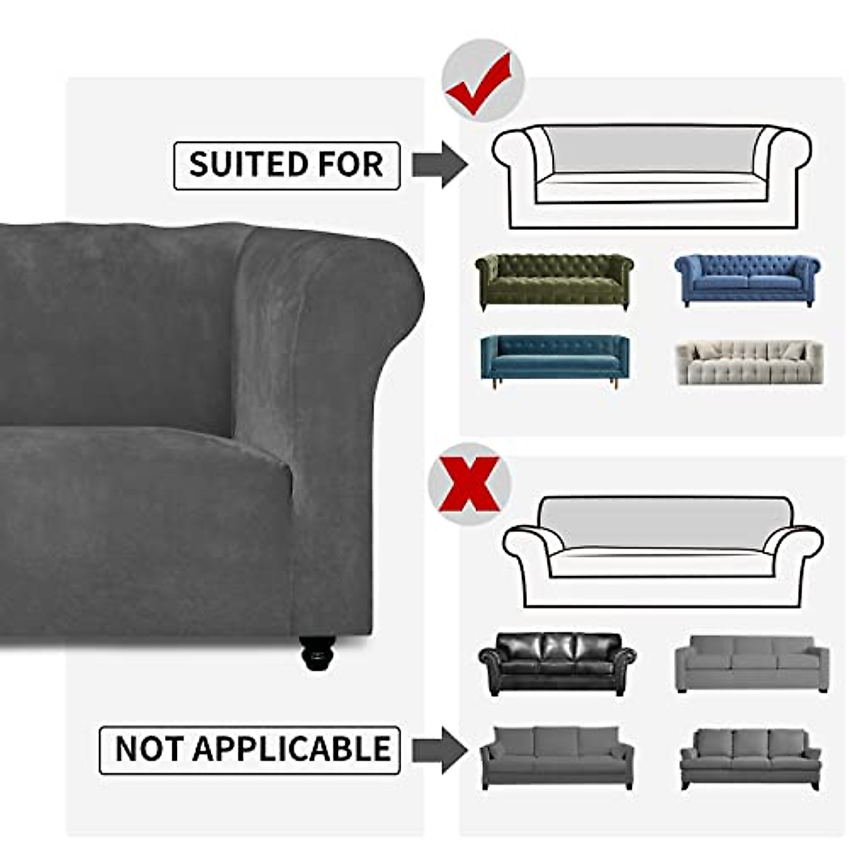 Easy-Going Stretch Velvet Chesterfield Style Couch Slipcover for Living Room, Soft Non-Slip Sofa Cover Furniture Protector for Dogs (Sofa, Gray)