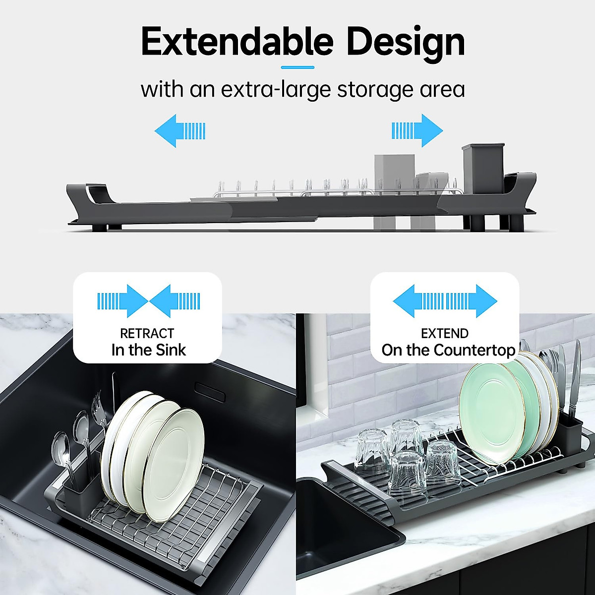 TOOCA BEAR Expandable Small Dish Drying Rack, Dish Racks for Kitchen Counter Dish Drainer with Removable Cutlery Holder, Dish Racks for Sink, Grey