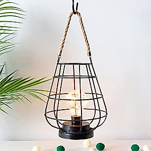JHY DESIGN 8.5" Cage Bulb Lantern Decorative Lamp Battery Powered Cordless Accent Light with Warm White Fairy Lights LED Edison Bulb Lamp for Living Room Bedroom Kitchen Wedding(Black)
