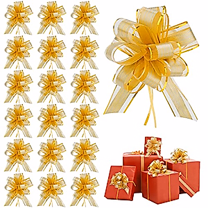 Amcami 20 Pieces Large Christmas Pull Bows for Gift Wrapping Big Gold Ribbon Bows for Xmas Gift Baskets Wine Bottles Decoration Gift Bows Organza Pull Bow for Wedding Party Birthdays Holidays