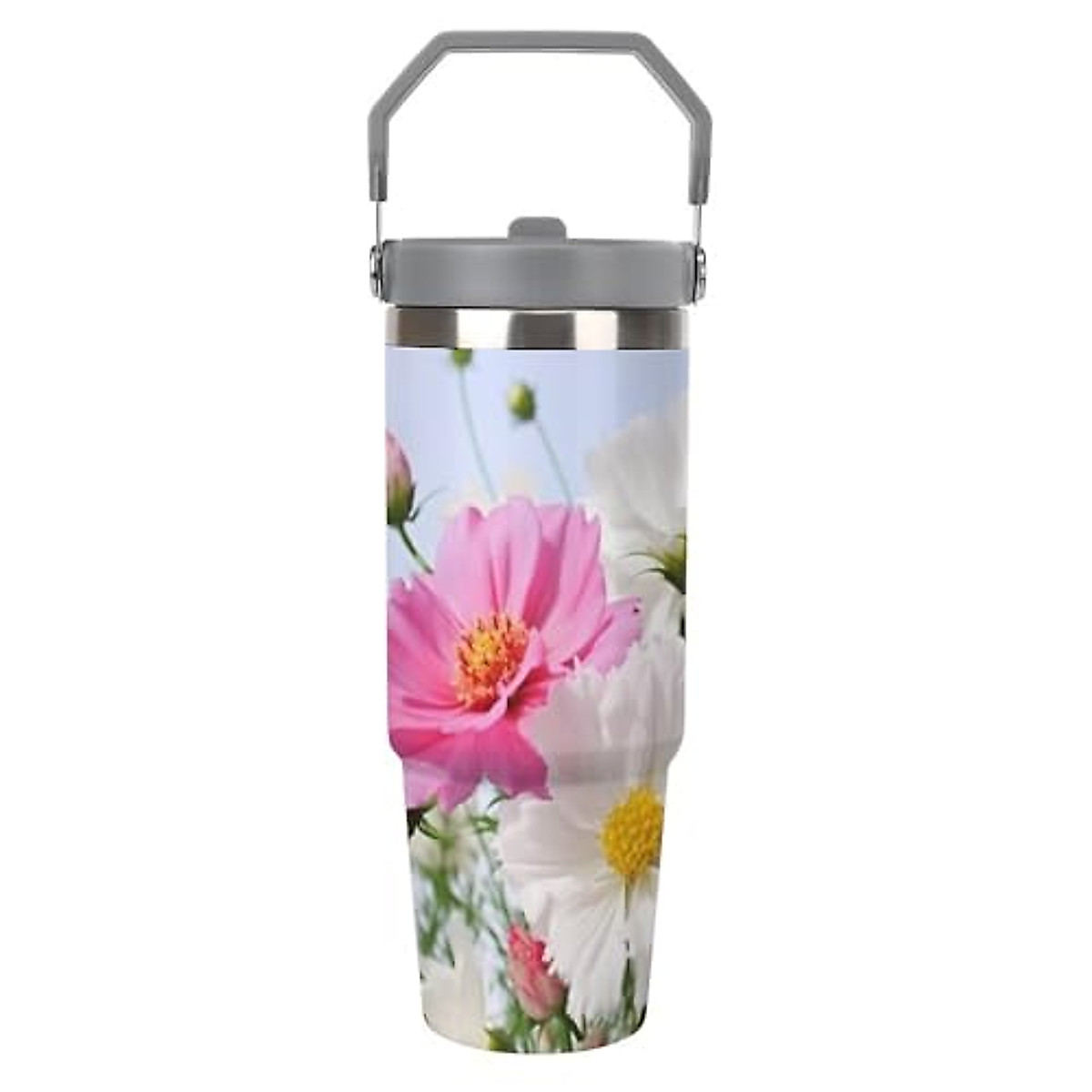 BWQJKUO Large Capacity Car Cup 30 Oz Stainless Steel Pink And White Flowers Printed Travel Mug Leak-proof Flip Straw Tumbler with Handle,keeps Cold Or Ho