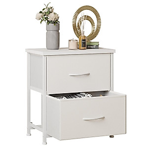 LUMTOK White Nightstand with Drawer, 2 Drawers Dresser for Bedroom, Small Night Stand and Dressers Sets Fabric Drawers, End Table Drawer Living Room (2PCS)