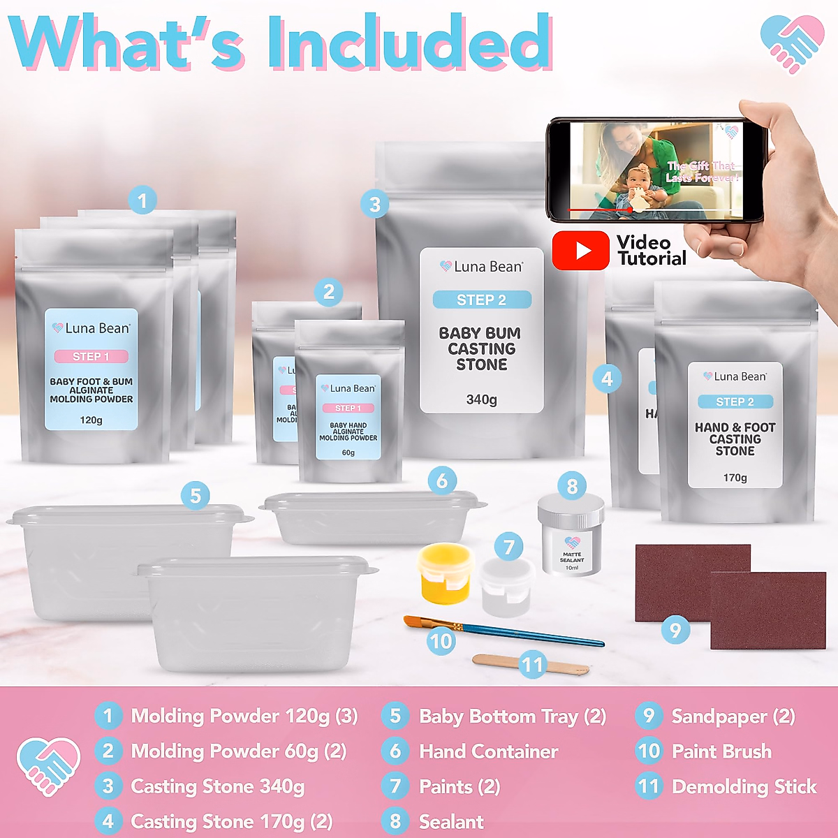 Luna Bean Deluxe Baby Keepsake Hand Casting Kit - Plaster Hand Mold Casting Kit for Infant Hand & Foot Mold - Baby Casting Kit for First Birthday, Christmas & Newborn Gifts - (Clear Sealant - Matte)