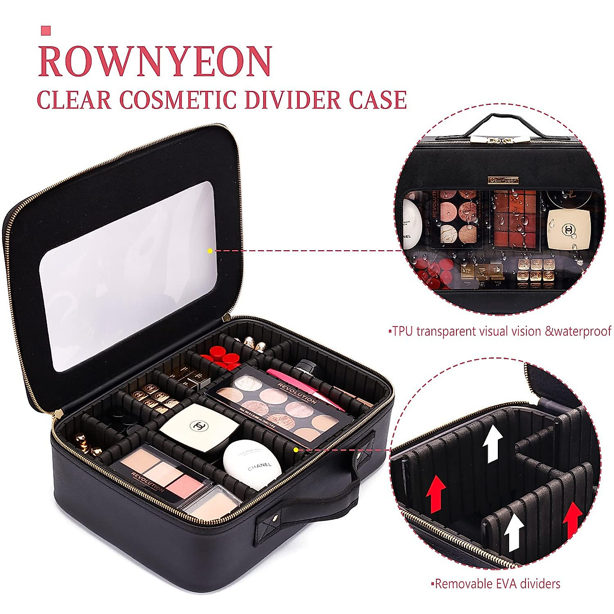 ROWNYEON Large Makeup Train Case Travel Clear Eva Makeup Bag Organizer Visible Waterproof Tpu 16.1" Comestic Bag For Womens