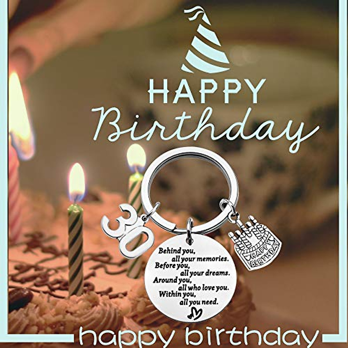 BEKECH Birthday Keychain Gifts for Him/Her,10th 12th 13th 14th 15th 16th 18th 30th 40th 50th Birthday Cake Birthday Key Ring Gift, Behind You All Memories Before You All Your Dream (30th)