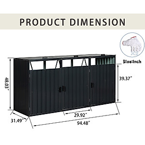 Outdoor Trash Can Storage, Storage Shed for Trash cans and Tools,Waterproof Garbage Bin shed,Metal Trash Can Storage Shed Outdoor for Garden Yard (Black-3 Doors)