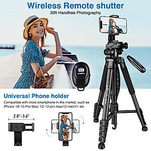 Tripod for Camera, 75 inch Tall Camera Tripod with Remote, Professional Heavy Duty Tripod for DSLR, Spotting Scopes, Binocular, Cell Phone, Compact Camera Stand Tripod, Compatible with Canon Nikon