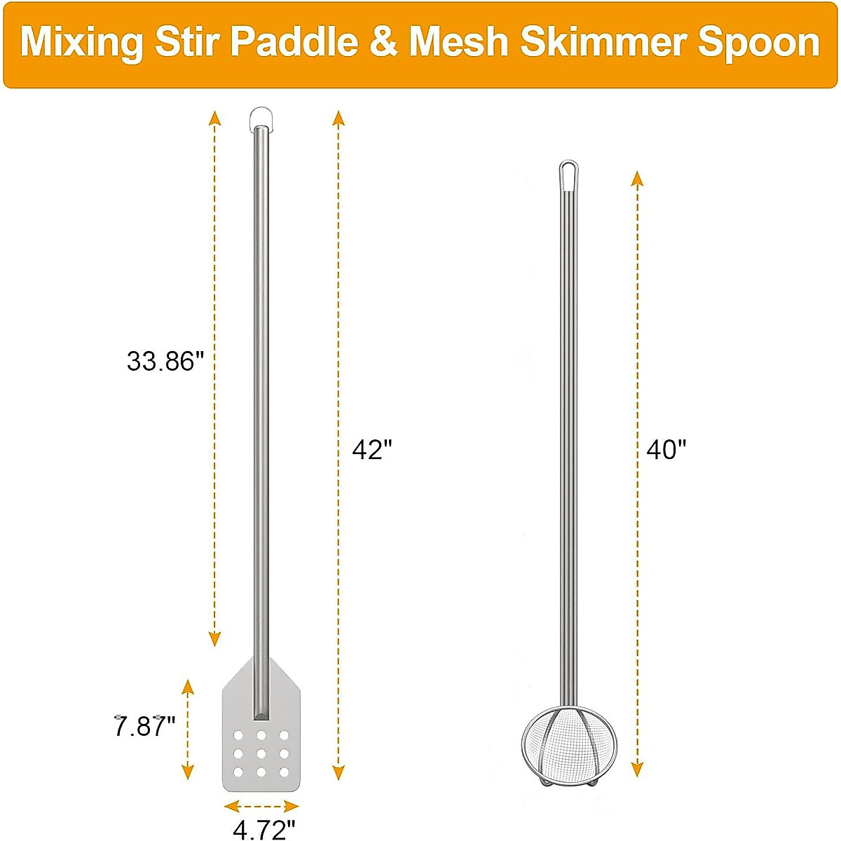 BBQ PLUS 42 Inch Crawfish/Crab Boil Mixing Stir Paddle and Wire Mesh Skimmer Spoon Fryer with Long Handle for Stockpots and Fry Pots,Large Stirring Paddle Skimmer Ladle Accessories