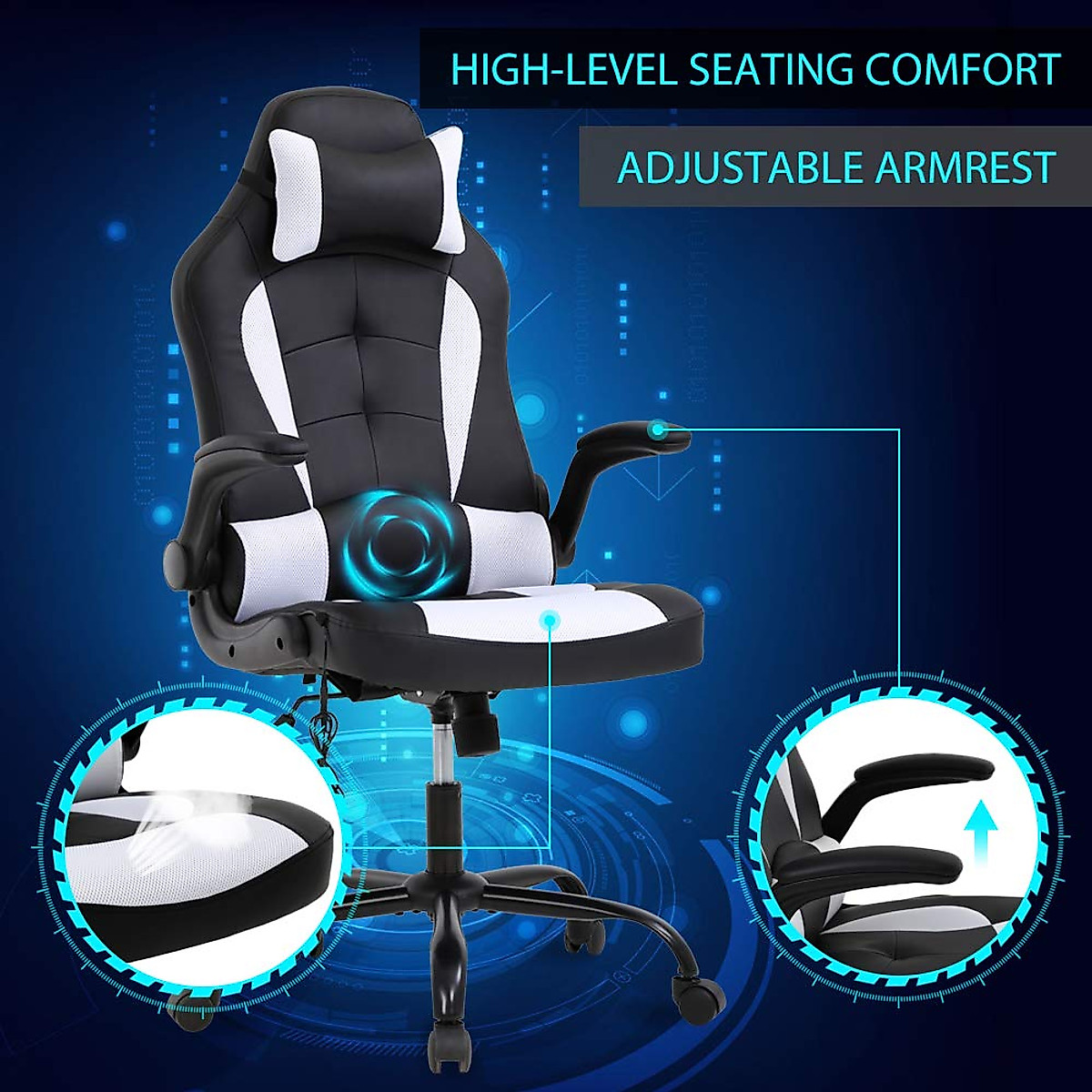 Gaming chair Office Chair Desk Chair Massage Ergonomic High Back Computer Chair with Lumbar Support Flip-up Arms Headrest PU Leather Height Adjustable Swivel Executive Chair for Women Men Adult