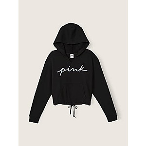 Victoria's Secret PINK Fleece Cropped Cinched Campus Hoodie, Pure Black Blur Script Logo, Medium