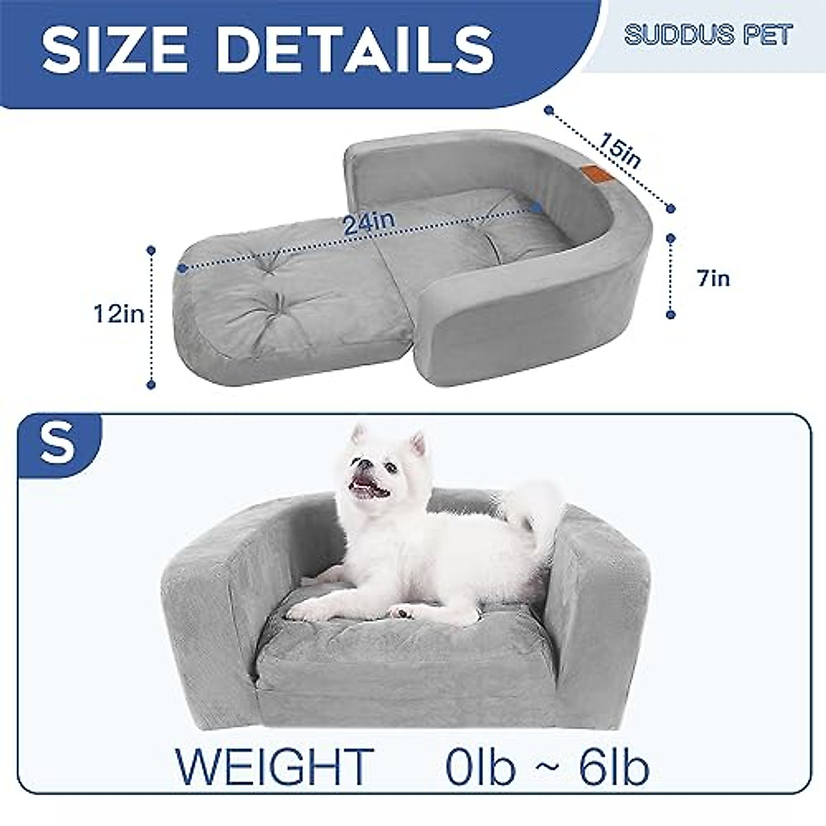 suddus Dog Beds for Small Dogs, Bolster Sofa Dog Bed with High Density Foam, Washable Dog Bed with Removable Cover and Non-Slip Bottom, Grey
