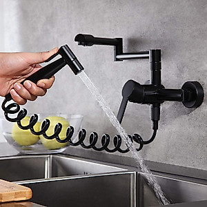 BULUXE Black Pot Filler Kitchen Sink Faucet with Sprayer, Modern Single Handle Retractable Wall-Mount Pot Filler Faucet with Swing arm in Matte Black Solid Brass