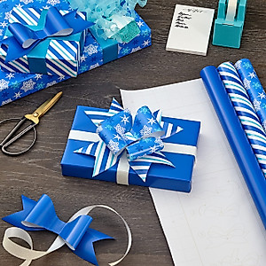 Hallmark Holiday Wrapping Paper with DIY Bow Templates on Reverse (3 Rolls: 120 sq. ft. ttl) Blue and White Snowflakes, Stripes, Solid Blue for Christmas, Hanukkah, Weddings, Birthdays