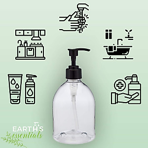 (4 Pack with Patented Screw-On Funnel) Earth's Essentials Versatile 16 Ounce PET Plastic Refillable Designer Pump Bottles. Excellent Liquid Hand Soap, Lotion, Shampoo and Massage Oil Dispensers