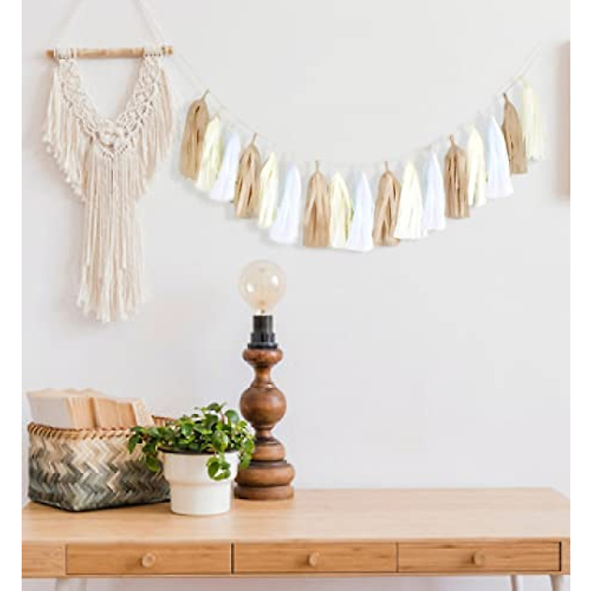 15PCS DIY Tissue Tassel Garland Kit Kraft Tan Brown Cream White Party Streamers Bunting Banner Backdrop for Rustic Baby Shower Burlap Outdoor Wedding Bridal Shower Nursery Decorations