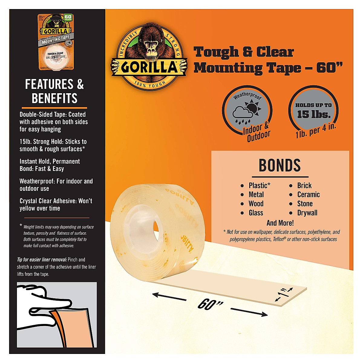 Gorilla Tough & Clear, Double Sided Mounting Tape, Weatherproof, 1" x 60", Clear, (Pack of 2)