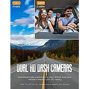 Dual Dash Cam, Dash Cam 2K Front and 1080P Cabin Dash Camera, 2.5K 2560x1440P@60fps Single Front, Dual Sensor, Infrared Night Vision, App Control, 24hr Parking Mode, Built-in GPS, VD009