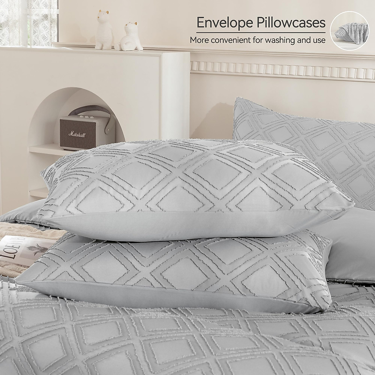 JELLYMONI Light Grey Duvet Cover King Size - 3 PCS Microfiber Tufted Duvet Cover Set, Boho Textured Duvet Cover Jacquard Rhombus Geometric Pattern Duvet Cover with Corner Ties & Zipper Closure