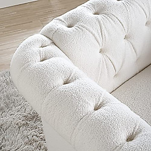 39" Chesterfield Single Sofa Chair Acrylic Crystal Leg Teddy Fabric Upholstered 1 Seater Sofa with Tufted Back,Roll Arm Settee Couches for Living Room Furniture (White + Polyester, Single Sofa)