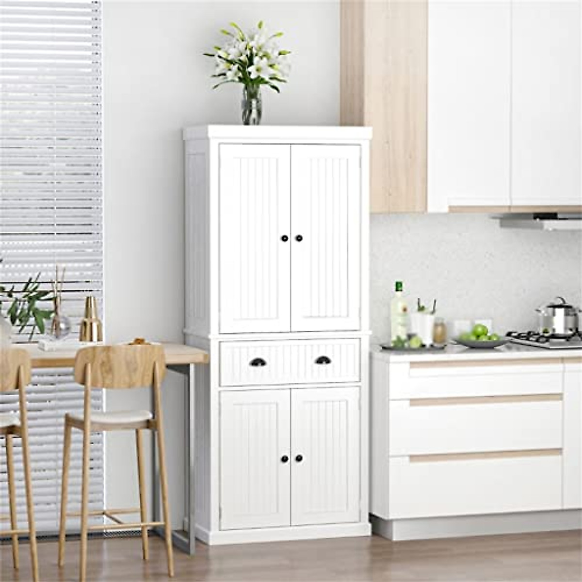 SEASD 72" Sideboard Traditional Freestanding Kitchen Pantry Cabinet Cupboard with Doors and 3 Adjustable Shelves, White