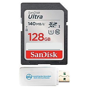 SanDisk 128GB Ultra SD Memory Card Works with Sony EOS R100 and Fujifilm X-S20 Mirrorless Cameras (SDSDUNB-128G-GN6IN) U1 C10 Bundle with (1) Everything But Stromboli 3.0 Micro & SDXC Card Reader