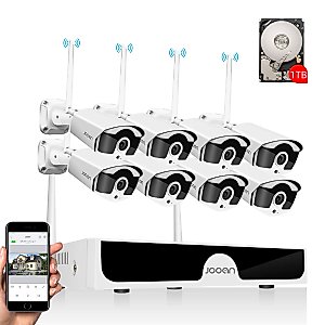 JOOAN 【Audio & 3MP】 Security Camera System Wireless,8 Channel NVR & 8pcs 1296P Bullet Cameras, IP67 Weatherproof,AI Human Motion Alert with 1TB Hard Drive,Free Extension Antenna