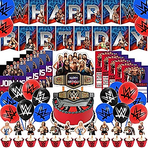 44 Pcs Boxing Party Supplies, Wrestling Fighting Theme Birthday Party Set, Includes Happy birthday banner, Cake topper, Cupcake Toppers, Balloons, Invitation Card for Kids Men Party Decorations