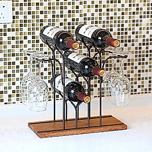 Tabletop Wood Wine Holder, Countertop Wine Rack, Hold 4 Wine Bottles and 4 Glasses, Perfect for Home Decor & Kitchen Storage Rack, Bar, Wine Cellar, Cabinet, Pantry, etc, Wood & Metal (Bronze)