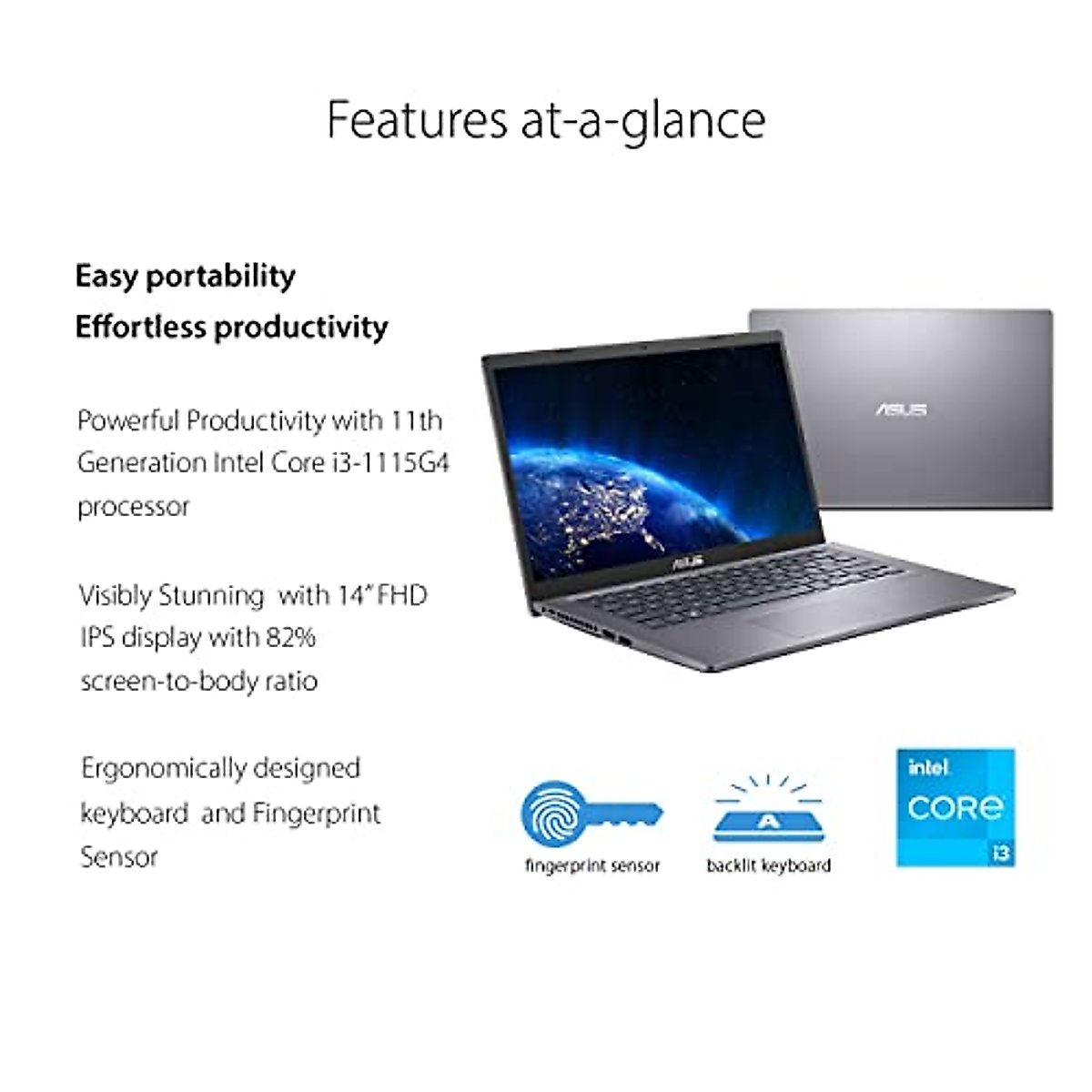 ASUS VivoBook 14 Laptop Computer, 14" IPS FHD Display, Intel Core i3-1115G4 Processor, 4GB DDR4, 128GB PCIe SSD, Fingerprint Reader, Windows 11 Home in S Mode, Slate Grey, F415EA-AS31