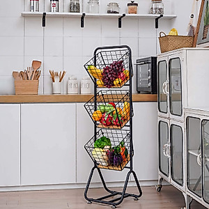 X-cosrack 3-Tier-fruit-Wire-Market-Basket-Stand Kitchen Snack Vegetable Metal baskets Storage Tiered Wire Basket Organizer Free-Standing for Fruit Vegetable Storage Pantry Bathroom (Bamboo)