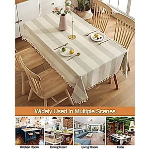 AmHoo Stitching Tassel Tablecloth Striped Table Cloth Rectangle Cotton Linen Dust-Proof Table Cover for Kitchen Dinning 54 x 70 Inch Beige