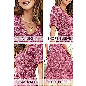 Kranda V Neck Short Puff Sleeve Smocked Ruffle Floral Midi Dress Dusty Rose XS