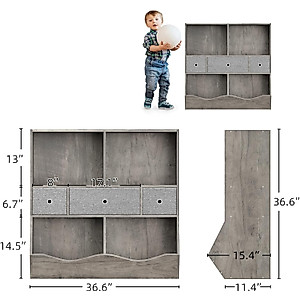 TrailBlaze Kids Toy Storage Organizer with 3 Movable Drawers, 3 Tier Children Bookcase and Bookshelf, Toddler 7 Cubby Toy Storage Cabinet, Toy Shelf for Playroom, Bedroom, Living Room, Nursery (Grey)