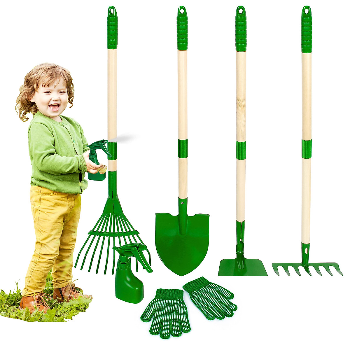 Duckura Kids Gardening Tools Set - 7pcs Garden Tool for Kids with Shovel, Rake, Hoe, Leaf Rake, Outdoor Summer Yard Lawn Digging Toys, Valentine Day Birthday Gifts for Boys Girls Age 2 3+ Years Old