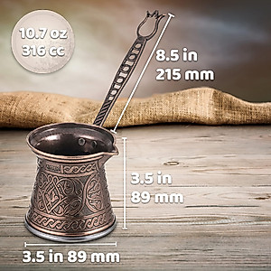 Turkish Coffee Pot, Moka Pot, Espresso Maker for the Stove Top, Camping Coffee Pot, Handmade Greek Arabic Coffee Warmer Cezve with Brass Handle, Stainless Steel Inside (Large 10.7 oz, Copper)