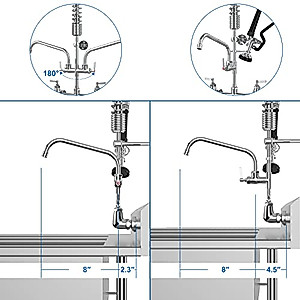 JZBRAIN Commercial Faucet with Sprayer 21" Height Wall Mount Kitchen Sink Faucet Add On Faucet 8" Swing Spout Pre-Rinse Sprayer 8 inch Center for 1 or 2 Compartment Sink