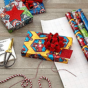 Hallmark Avengers Wrapping Paper with Cut Lines on the Reverse (3-Pack: 60 sq. ft. ttl) with Captain America, Iron Man, Black Widow, Thor and Hulk for Birthdays, Christmas, Father's Day and More