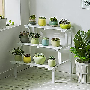 MoNiBloom 3 Tier Stair Style Wood Plant Stand, Flower Pot Display Rack Stand Holder for Indoor Outdoor Patio Lawn Balcony Garden Lawn Home, White