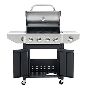 Lepfun High-Performance 4 Burner 9550 BTU Gas Hood & Side Shelves Heavy Duty Flat Top Griddle Grill Station, Barbecue Grill Stainless Steel Gas Grill with Side Burner and Thermometer for BBQ, Camping