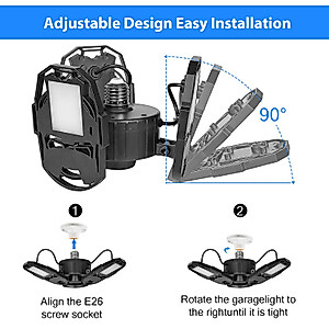 80W LED Garage Lights, Deformable Garage Light with 3 Adjustable Wings, 8000LM, E26 LED Shop Light, Barn Light, High Bay Light, Ceiling Lighting Fixture for Warehouse (No Motion Detection)