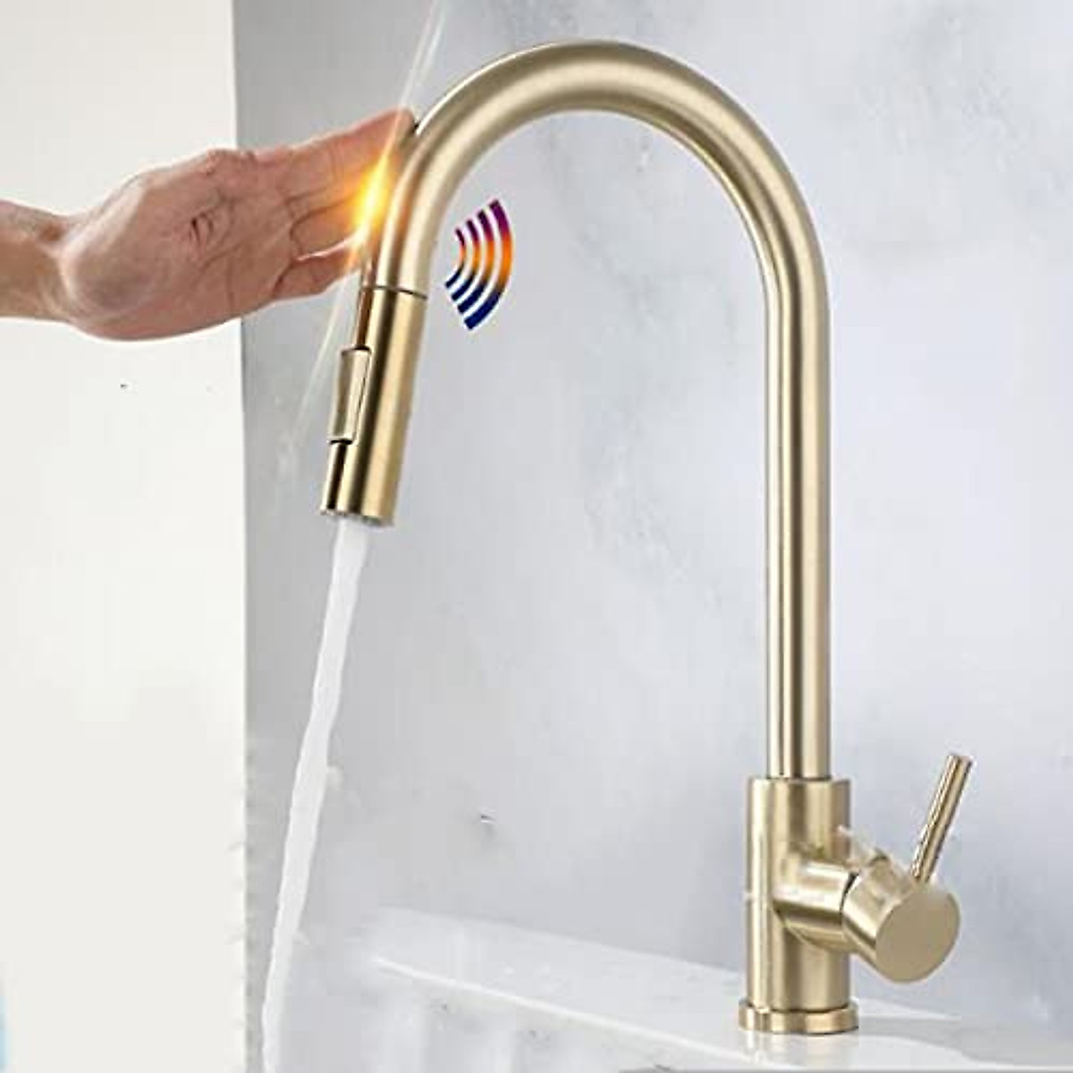 Kitchen Sink Faucet for Bar Farmhouse Commercial, Smart Touch Kitchen Faucets, Pull Out Sensor Touch Kitchen Faucet, Single Handle Dual Outlet Water Modes Mixer Faucet (Color : Gold with Sensor)