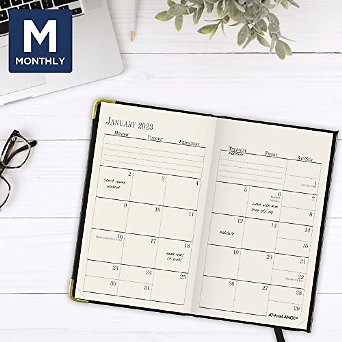 AT-A-GLANCE 2023 Weekly & Monthly Diary, Fine Diary, 3" x 5" Pocket Size, Flexible Cover, Faux Leather (70111105)