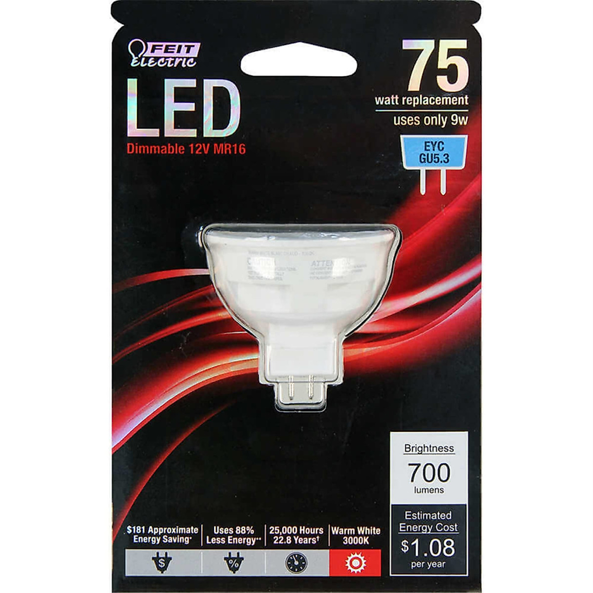 Feit Electric BPEYC/LED Dimmable LED Light Bulb, 12 Volts, 9 Watts, 700 Lumens, MR16 Bulb Shape, GU5.3 Base, MOL 1.78" H x 1.97" D, 3000K Warm White Light, Average Life of 25000 Hours/22.8 Years