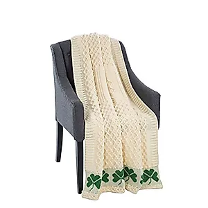 SAOL Irish Shamrock Aran Throw Blanket -100% Merino Wool - Honeycomb Pattern - Natural / 40'' x 60''/100 cm x150 cm