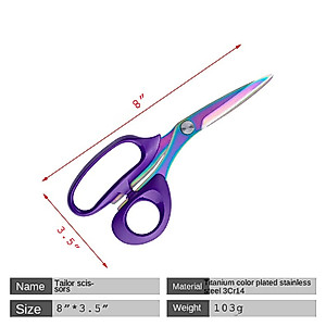 SIRMEDAL Rust-proof Titanium Coated Stainless Steel Multipurpose 8” Rainbow&Purple Scissors Fabric Textile Dressmaking Craft Office Home Daily Use