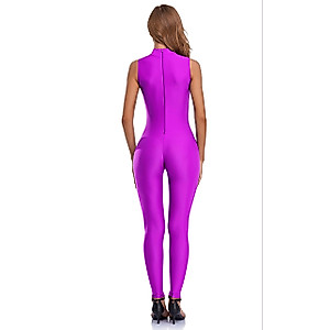 speerise One Piece Bodycon Jumpsuit for Women Sleeveless Spandex Bodysuit Zipper Romper for Club Catsuit, Violet, XS