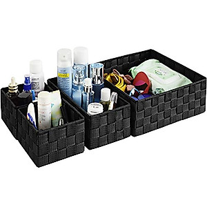 Woven Storage Box Cube Basket Drawer Organizer Divider Basket Box, Storage Tote Bins for Bathroom, Kitchen, Cabinet, Closet, Shelf, Dresser, Store Snacks, Cereal, Baking Supplies, Set of 4 (Black）