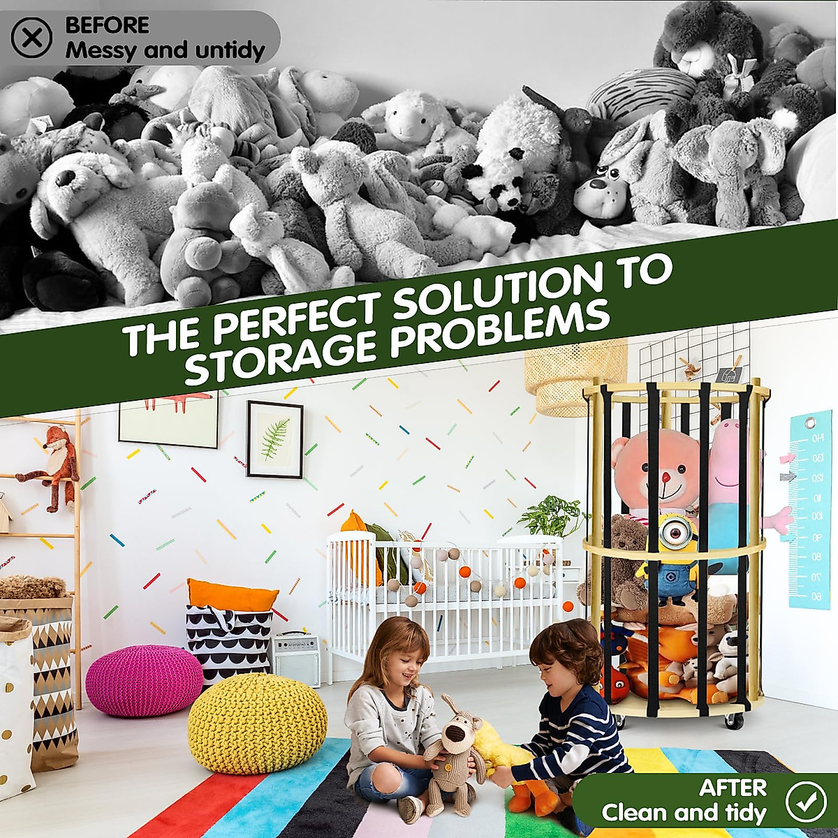 Stuffed Animal Organizer, Toy Organizer Cage with Wider Elastic Band for Small Medium Large Plush Holder, Round Wooden Storage Bins for Boys Girls, Nursery Play Room