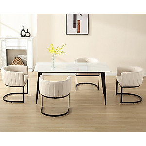 Kmax Linen Fabric Dining Chairs Set of 4 Modern Barrel Arm Chairs with Metal Frame Upholstered Kitchen Chairs for Living Room, Dining Room, Hotel, Beige